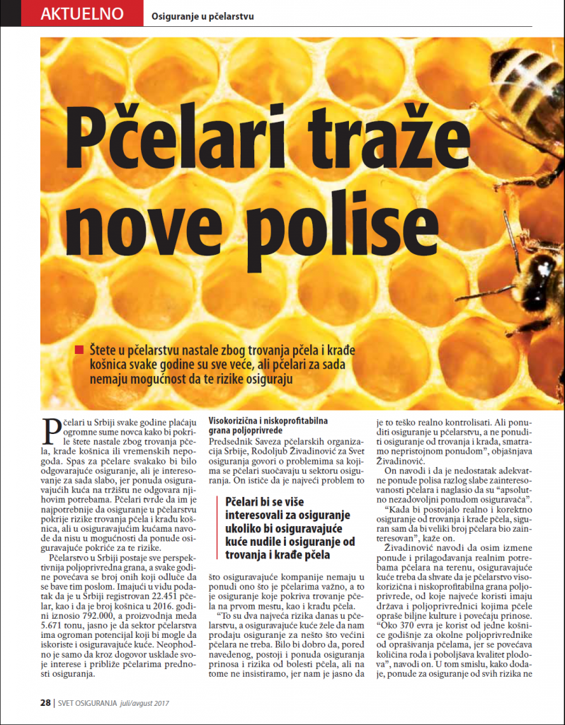 O OSIGURANJU PČELA ZA ČASOPIS "SVET OSIGURANJA" - Savez pčelarskih ...
